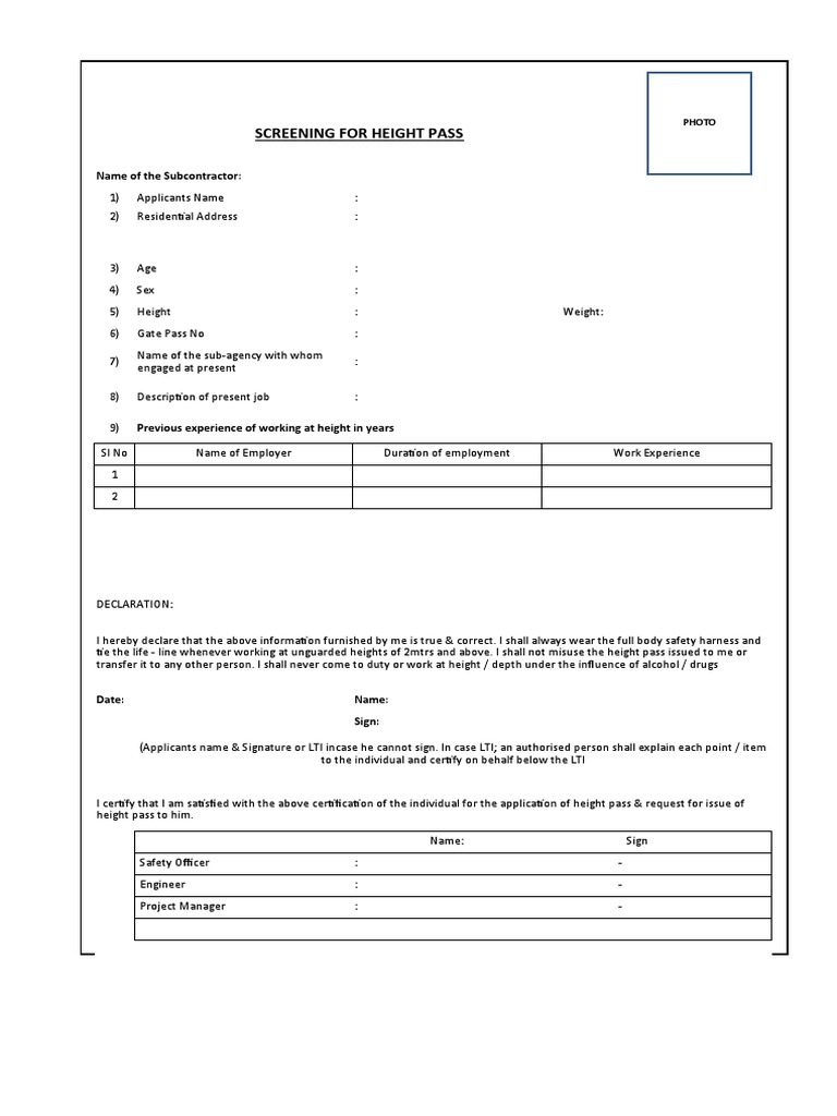 Height Pass Screening Form | PDF