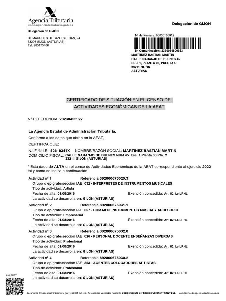 Certificado de Situación en El Censo de Actividades Económicas de La ...