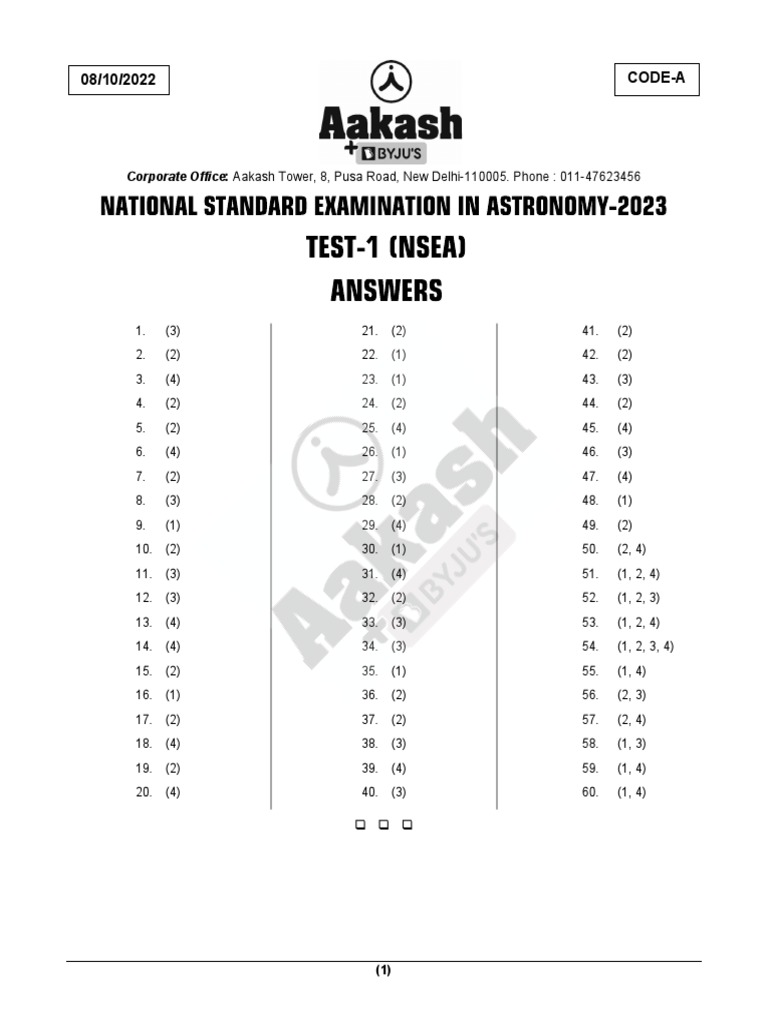 NSEA Test-1 Astronomy (08-10-2022) Sol | PDF | Stars | Astronomy