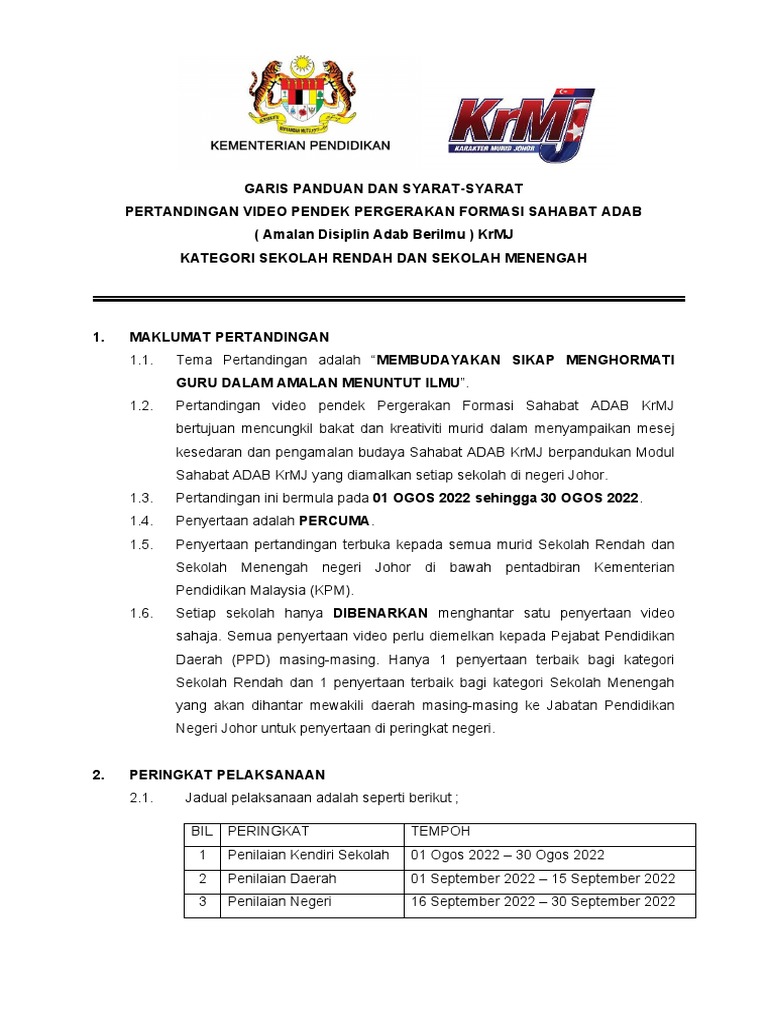 GARIS PANDUAN DAN SYARAT VIDEO PERTANDINGAN FORMASI SAHABAT ADAB KRMJ ... GARIS PANDUAN DAN SYARAT VIDEO PERTANDINGAN FORMASI SAHABAT ADAB KRMJ ...