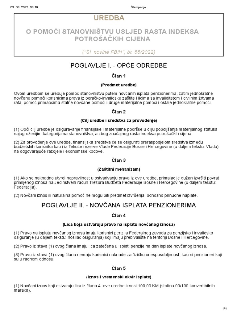Uredba o Pomoći Stanovništvu Usljed Rasta Cijena | PDF