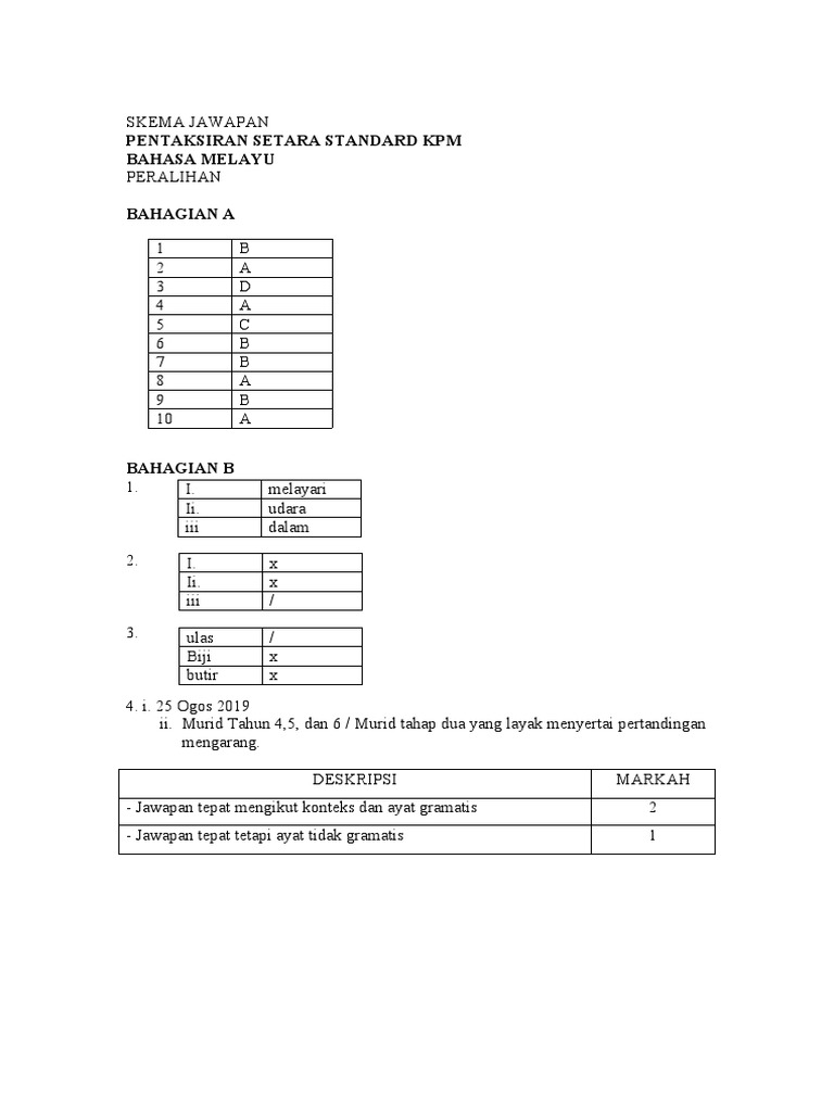 Skema Jawapan Bahasa Melayu Peralihan | PDF