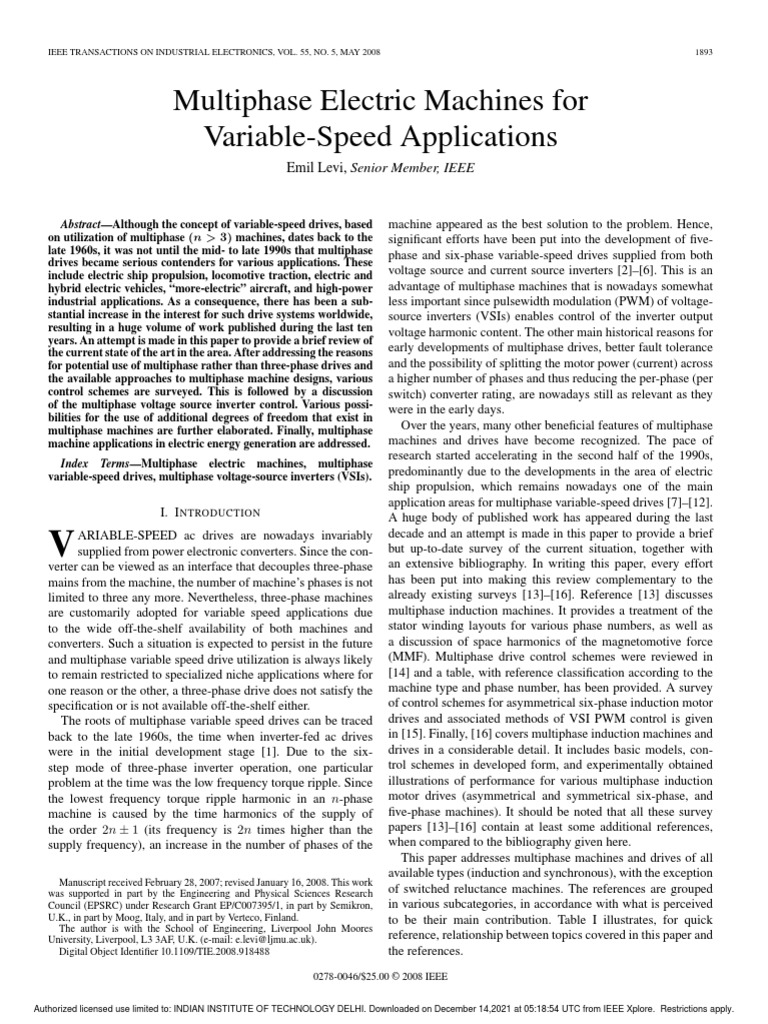 Multiphase Electric Machines For Variable Speed Applications Pdf Power Inverter Power