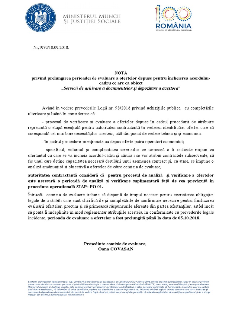11092018-Nota Prelungire Perioada Evaluare Oferte | PDF
