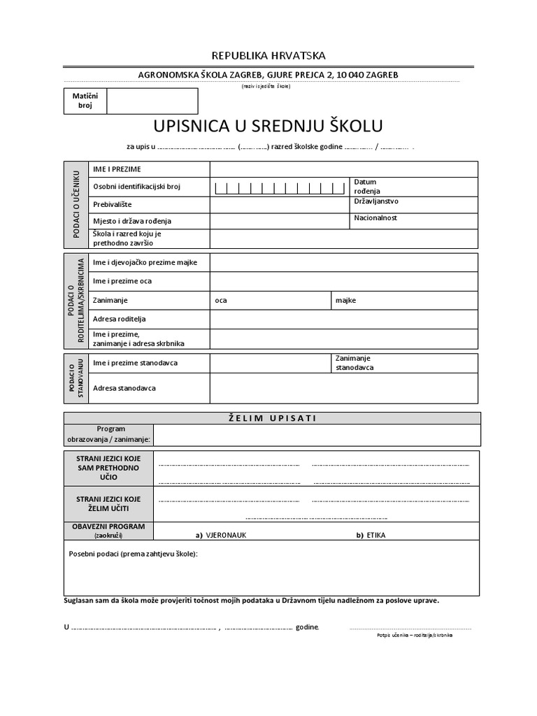 Upisnica U Srednju Skolu ASZ | PDF