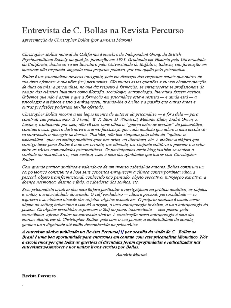 Entrevista de C. Bollas Na Revista Percurso | PDF | Psicanálise | Pensamento