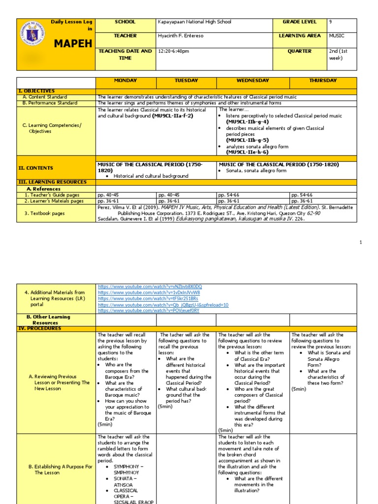 Q2 Grade 9 Music DLL Week 1 | PDF | Classical Period (Music) | Baroque ...