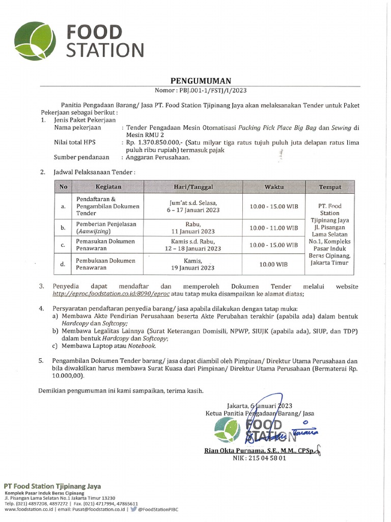 Pengumuman - Tender Pengadaan Mesin Otomatisasi Packing Pick Place Big Bag Dan Sewing Di Mesin ...