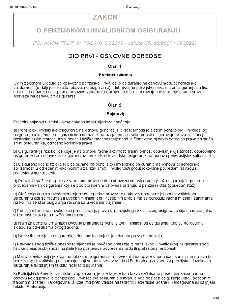 Zakon o Penzijskom I Invalidskom Osiguranja 2022 | PDF