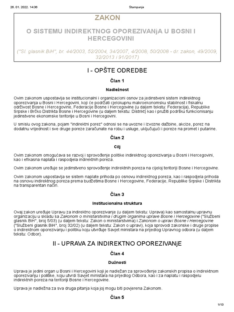 Zakon o Sistemu Indirektnog Oporezivanja U BiH | PDF