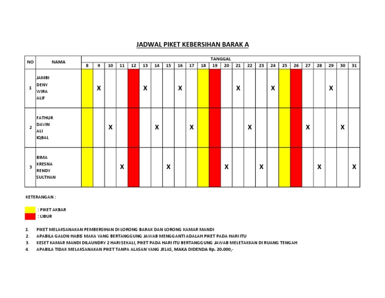 Jadwal Piket Kebersihan Barak A | PDF
