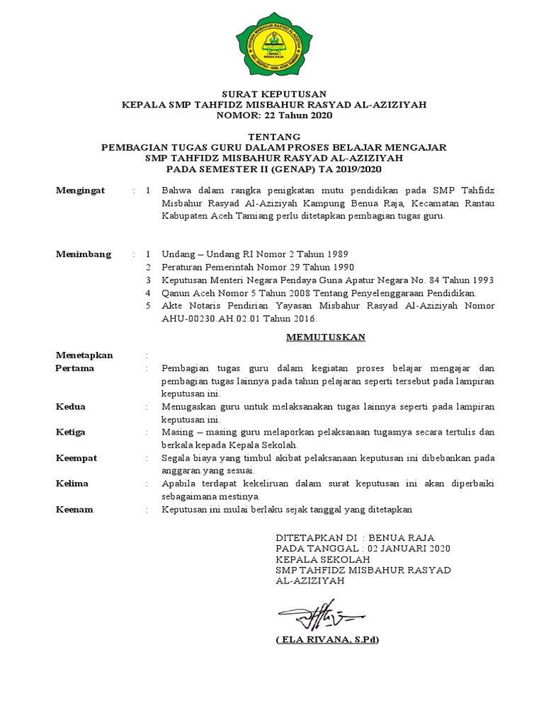 SK Pembagian Tugas Guru | PDF