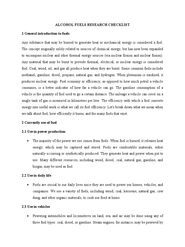 Alcohol Fuels Research Checklist-1 | PDF | Ethanol | Fuels