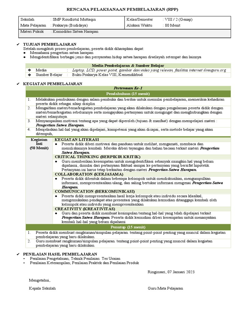 RPP 1 Lembar Prakarya Kelas 8 Semester 2 | PDF