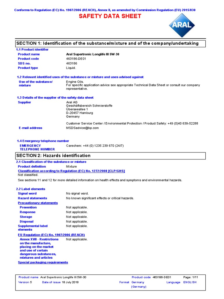 Aral Supertronic Longlife III 5w-30 Germany English-Gb SDB 463186 | PDF ...