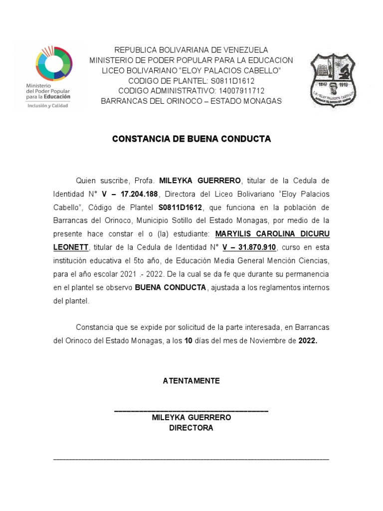 Constancia de Buena Conducta L.B. Eloy Palacios | PDF