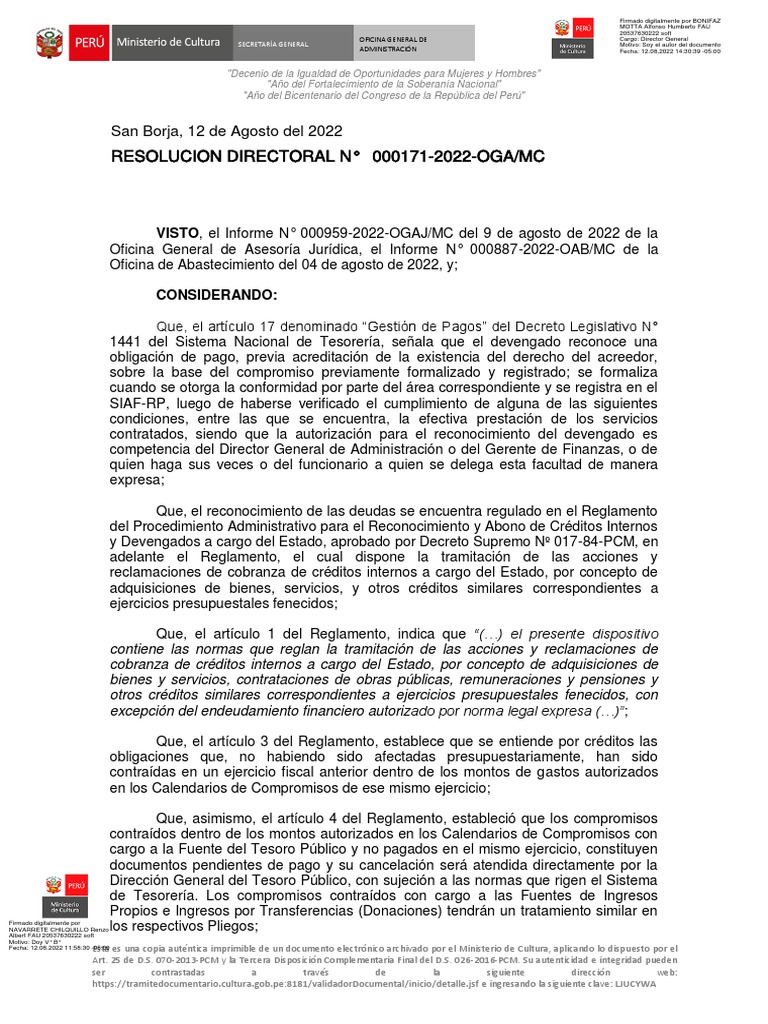 RESOLUCION DIRECTORAL N°000171-2022-OGA-MC - Accesible - PDF Modelo Reconoce Devengado | PDF ...