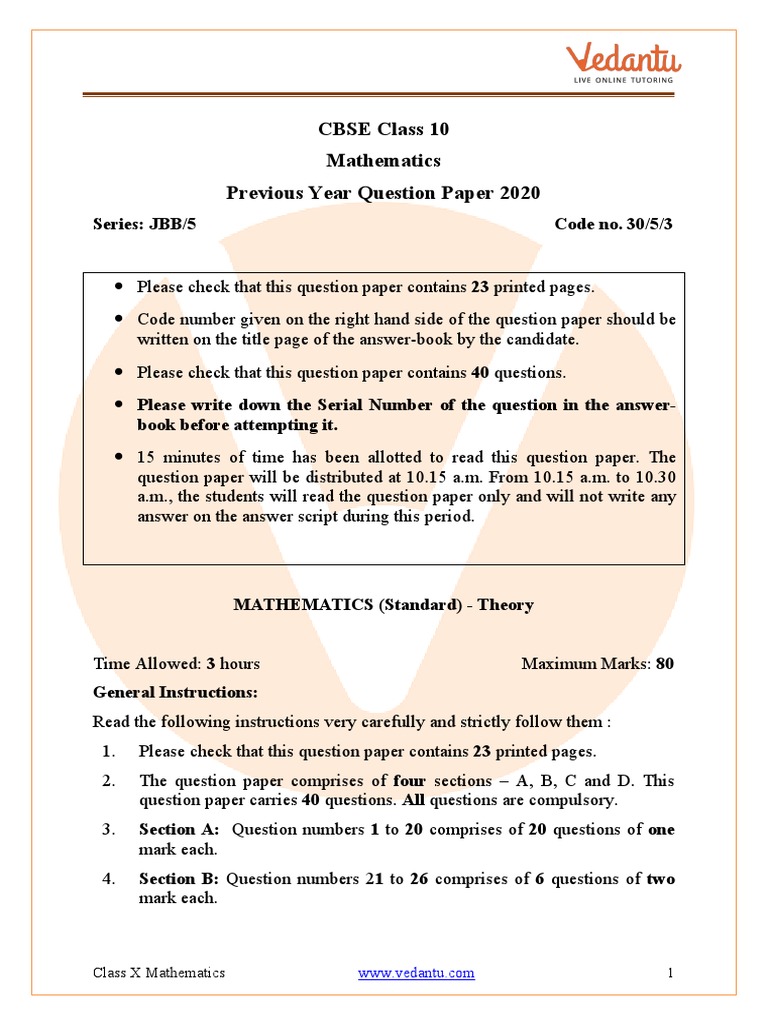 CBSE Class 10 Maths Question Paper 2020 With Solutions | PDF | Sphere ...