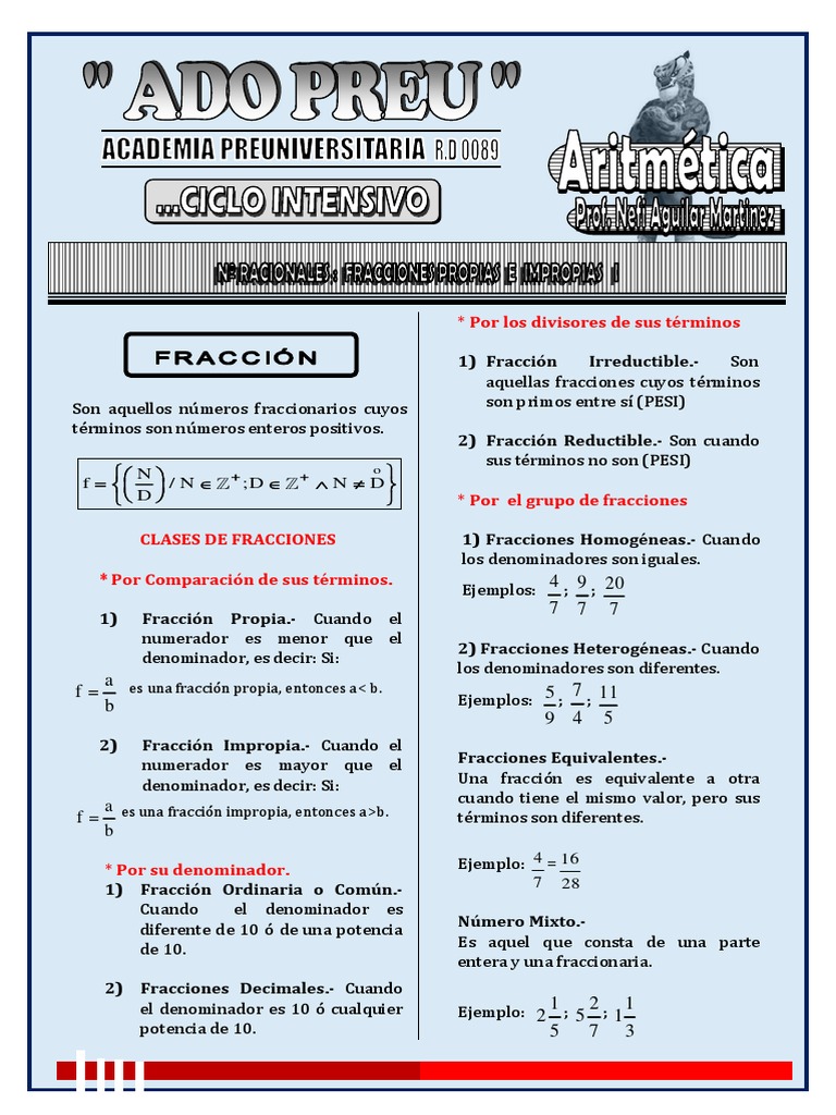 Fracciones Propias e Impropias I (Academia Ado Preu) | PDF