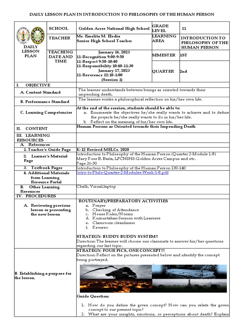 Intro To Philo Week 8 DLP | PDF | Teachers | Learning