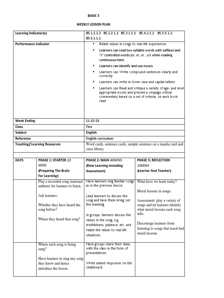 GES Lesson Plan Notes Basic 5 Week 5 Term1 | Download Free PDF ...