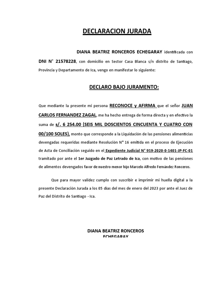 DECLARACION JURADA Pago de Alimentos | PDF