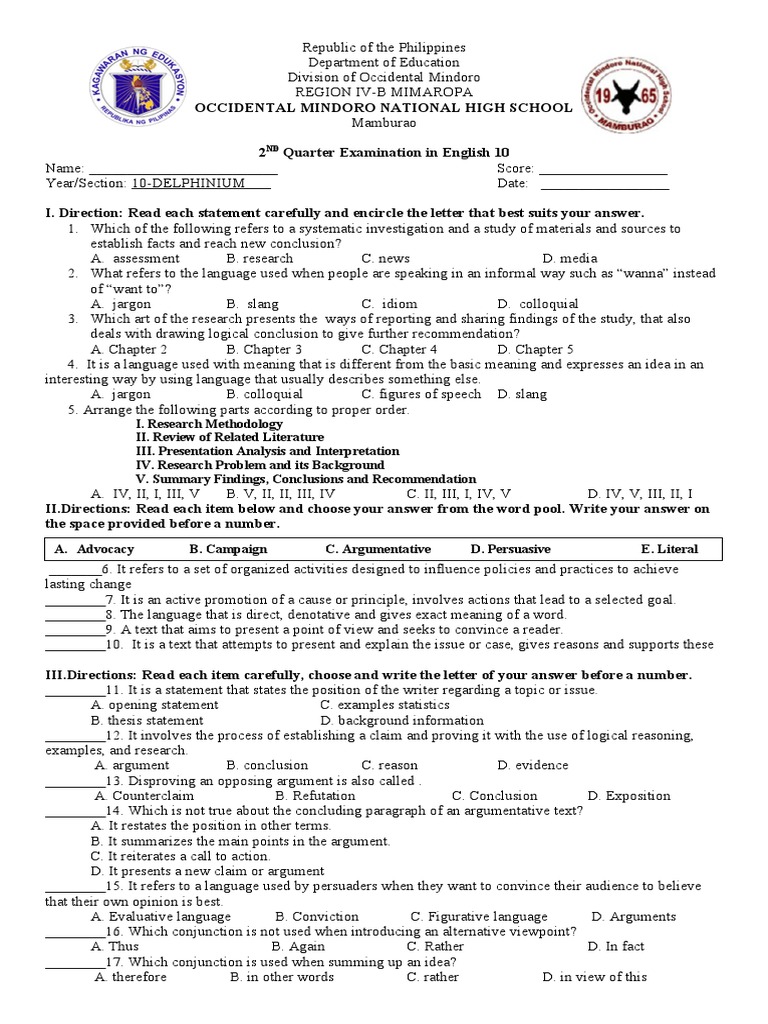Grade 10 English 2nd Quarter Exam | PDF | Argument | Cognition
