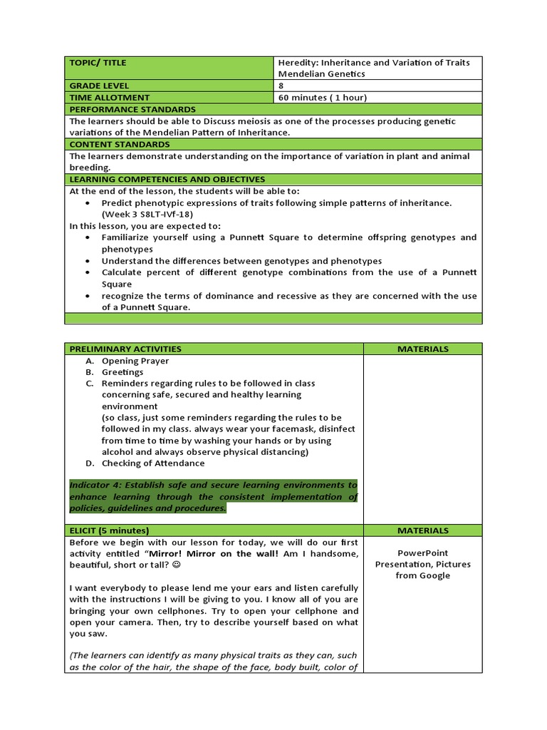 Cot Lesson Plan Genetics | PDF | Dominance (Genetics) | Genotype