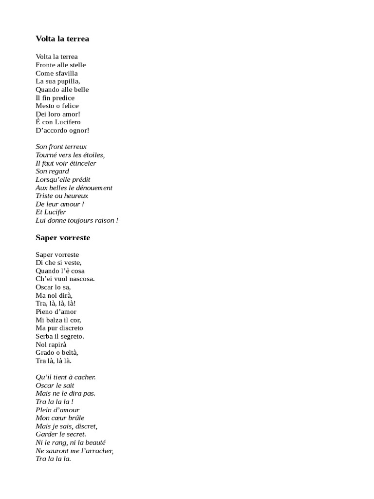 Texte Et Traduction Volta La Terrea Saper Vorreste | PDF
