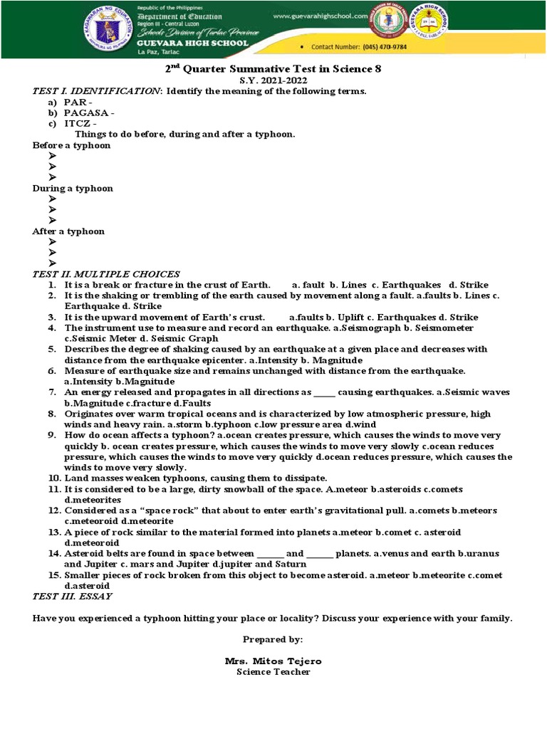2nd SUMMATIVE TEST QUARTER GRADE 8 | PDF | Earthquakes | Meteoroid