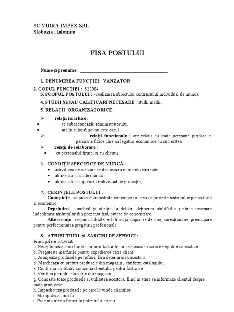 Fisa Post Vanzator | PDF