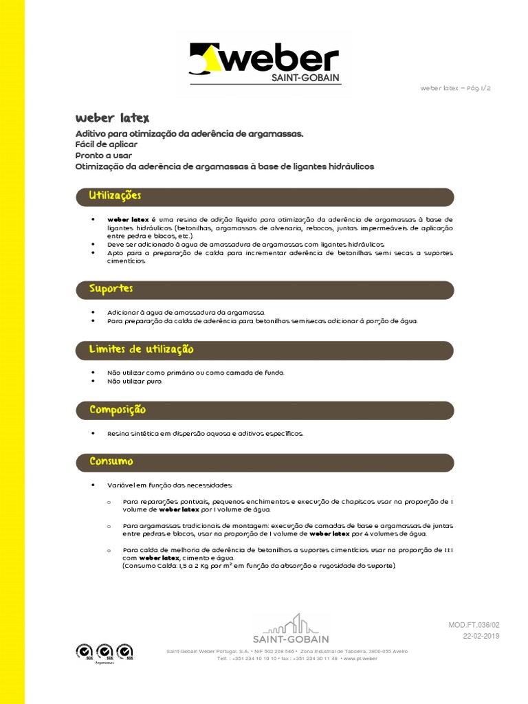 Ficha Tecnica Weber Latex | PDF | Argamassa (alvenaria)