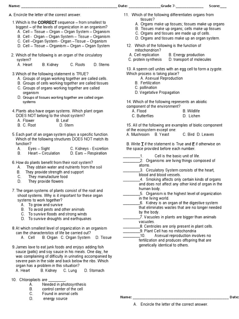 Levels of Biological Organization Quiz | PDF | Plants | Cell (Biology)