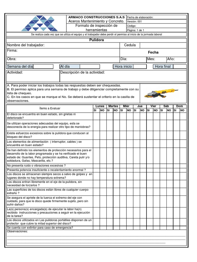 Inspección de Pulidoras: Formato y Checklist | PDF