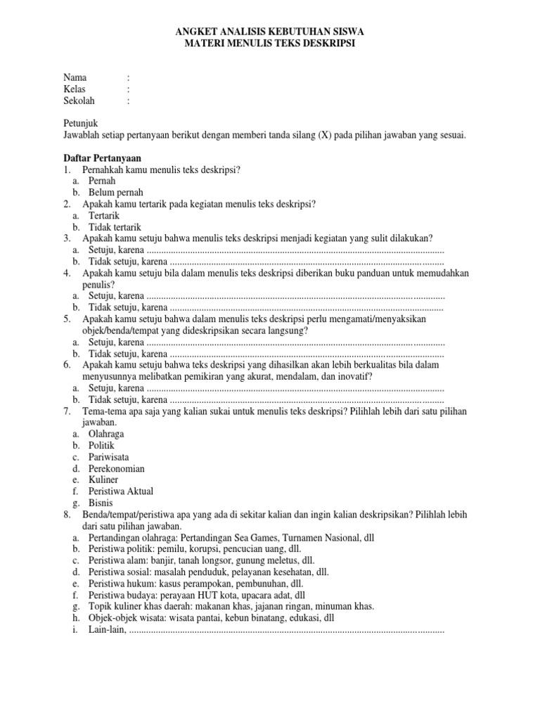 Angket Analisis Kebutuhan Siswa | PDF