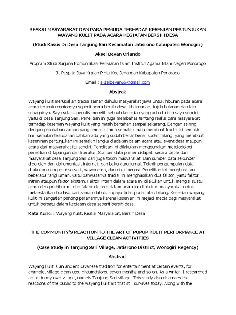 REAKSI MASYARAKAT DAN PARA PEMUDA TERHADAP KESENIAN PERTUNJUKAN WAYANG KULIT PADA ACARA KEGIATAN ...