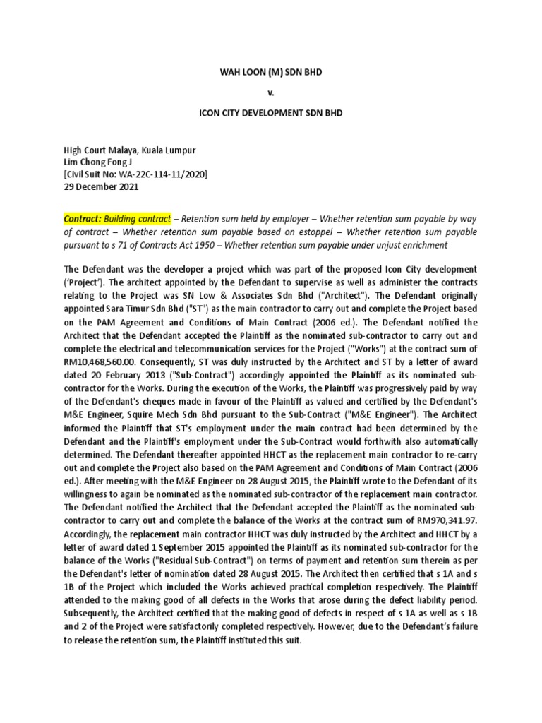 Wah Loon (M) SDN BHD v. Icon City Development SDN BHD (Headnote) | PDF