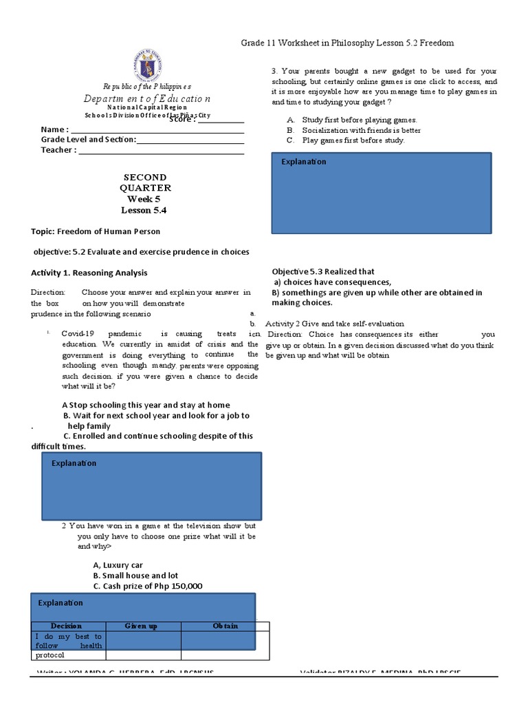 Grade 11 Philosophy: Freedom Worksheet | PDF | Cognitive Science ...