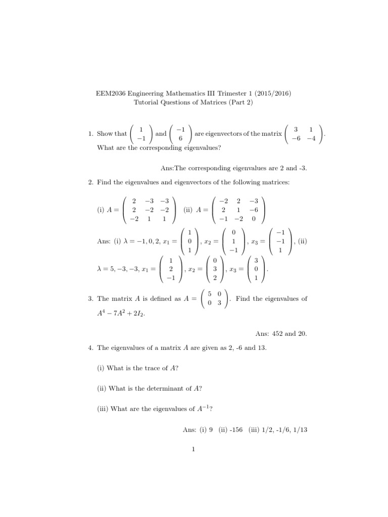 Solutions to Tutorial Questions on Matrix Eigenvalues and Eigenvectors ... Solutions to Tutorial Questions on Matrix Eigenvalues and Eigenvectors ...