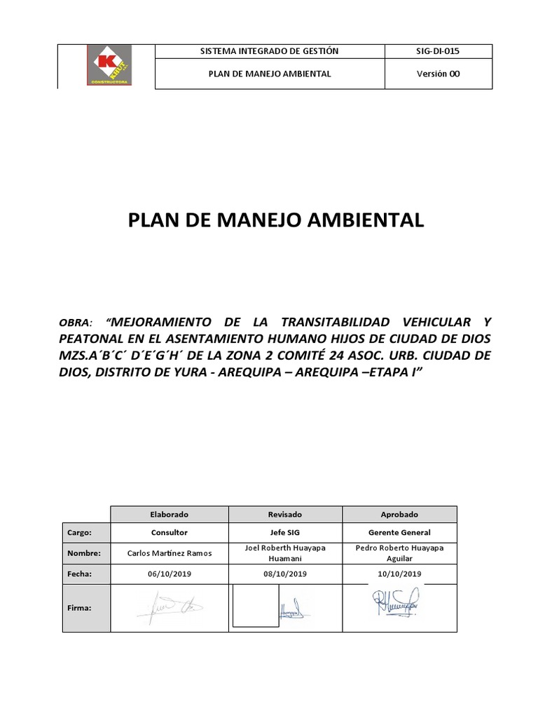 SIG-DI-015 Plan de Manejo Ambiental Obra | Descargar gratis PDF ...