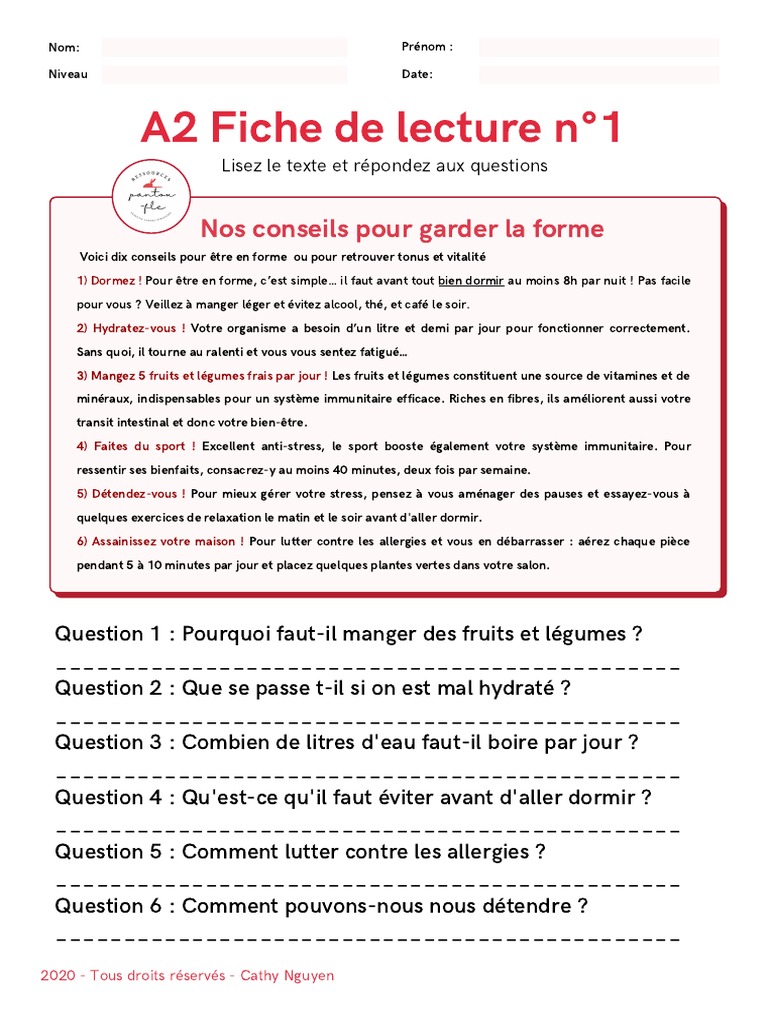 A2 Fiche de Lecture N°1 Conseils Pour Garder La Forme | PDF