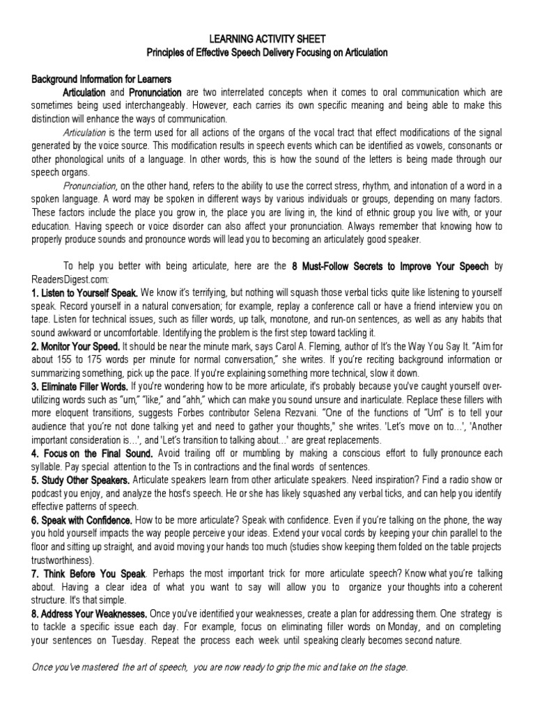 8 Principles of Effective Speech Delivery Focusing On Articulation | PDF | Speech | Human Voice