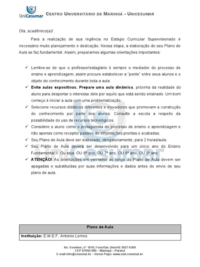 Plano de Aula Unicesumar | PDF