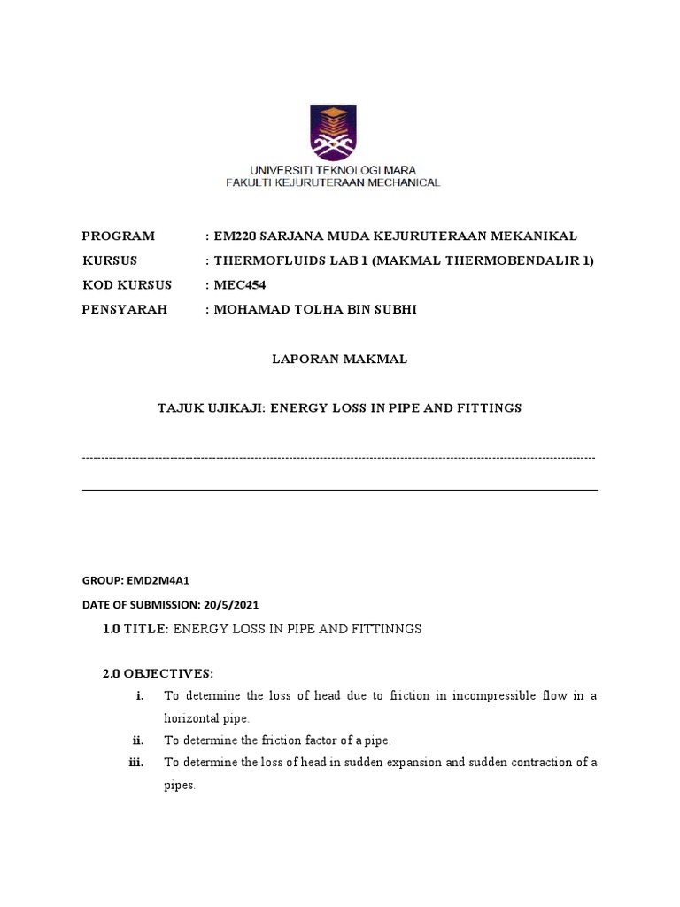 Lab Report Energy Loss in Pipe and Fittings | PDF