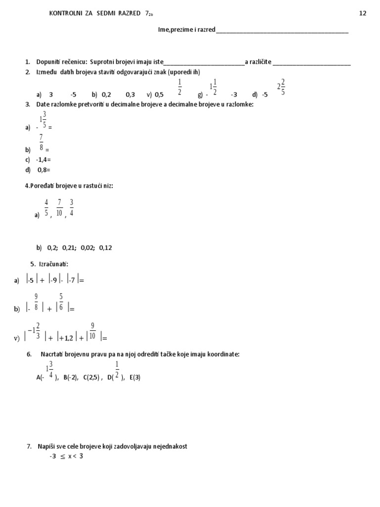 KONTROLNI ZA SEDMI RAZRED 72b Ime I Prezime Učenika | PDF