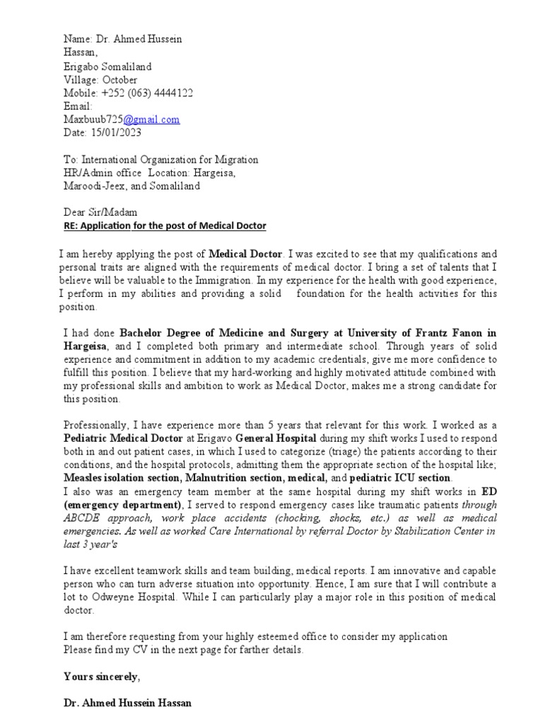 Application for Medical Doctor Position | PDF | Medicine | Nursing