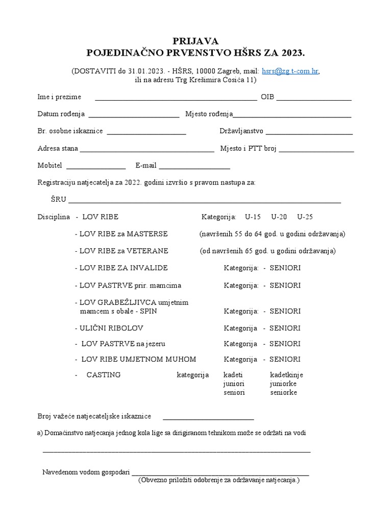 1 Liga Ulični Ribolov HŠRS - Prijava Za Pojedinačna Prvenstva 2023. G | PDF