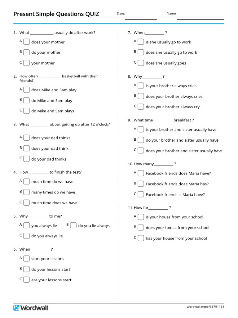 Present Simple Questions Quiz Quiz | PDF