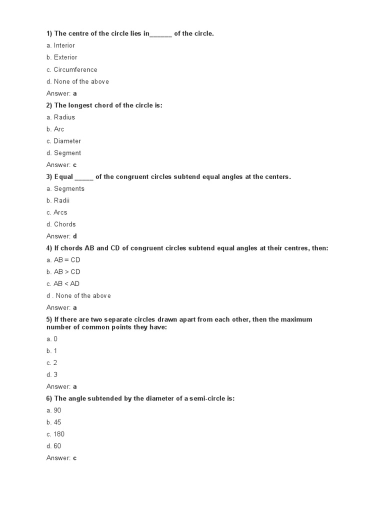 Maths MCQ's CH 10 - Cricles HHW | PDF