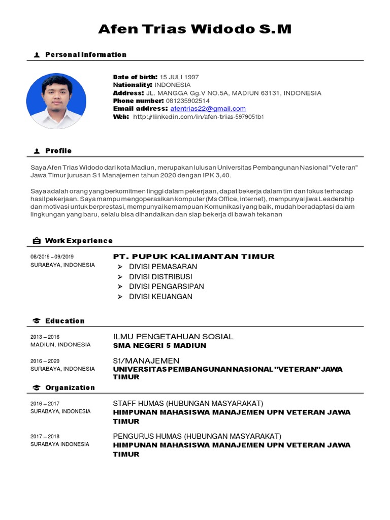Profil Afen Trias Widodo: Lulusan Manajemen UPN Veteran Jatim | PDF